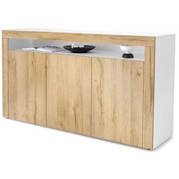 Sideboard Anrichte Kommode Schrank Valencia in Weiß - Hochglanz & Naturtöne - Eiche Natur/ Eiche Natur - Eiche Natur/ Eiche Natur - Vladon