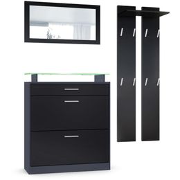 Vladon Garderobenset Garderobe Paneele Schuhschrank Spiegel Loret Mini Anthrazit matt - Front in Schwarz matt mit rgb led Beleuchtung - Front in Schwarz