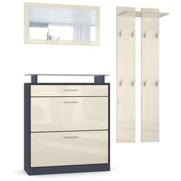 Vladon Garderobenset Garderobe Paneele Schuhschrank Spiegel Loret Mini Anthrazit matt - Front in Creme Hochglanz ohne led Beleuchtung - Front in Creme