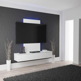 TV-Lowboard tv Möbel hängend mit LED-Beleuchtung Wohnschrank Wohnzimmer Schrankwand Wohnwand Mediawand Hochglanz weiß 160cm x 38,5cm - TroniTechnik