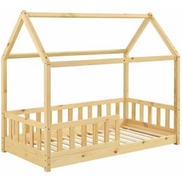 Kinderbett Marli 80 x 160 cm mit Rausfallschutz, Lattenrost und Dach - Hausbett für Kinder aus Massivholz - Bett in Natur - Juskys