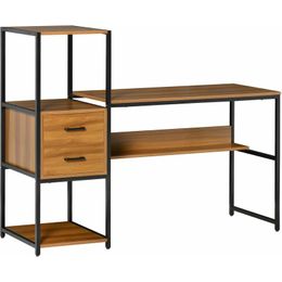 HOMCOM Industriell Schreibtisch mit 2 Schubladen Computertisch offenes Regal Arbeitstisch Nussbraun 140 x 50 x 110 cm - Nussbaum+Schwarz