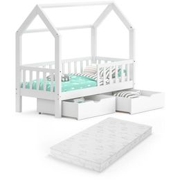 Kinderbett Wiki" 140x70cm Weiß mit Matratze, Rausfallschutz und Schubladen Vitalispa
