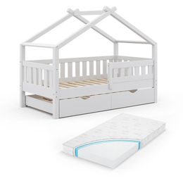 Kinderbett Design" 160x80cm Weiß mit Matratze, Rausfallschutz und Gästebett Vitalispa