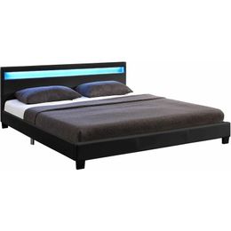 Juskys Polsterbett Paris – modernes Bettgestell mit led Beleuchtung, Lattenrost & Kopfteil – Kunstleder & Holz – Bett Einzelbett – 140×200 cm schwarz