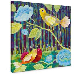 K&L WALL ART Leinwandbild Baby Kinderzimmer Märchen Blanz bunte Vögel im Wald in Holz Bilderrahmen 40x40cm - bunt