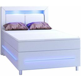 Boxspringbett Norfolk – led Beleuchtung, Bonell-Matratze, Topper & Kunstleder – 66 cm Komforthöhe – Bett Doppelbett 120 x 200 cm – weiß - Juskys