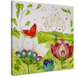 K&L WALL ART Leinwandbild Baby Kinderzimmer Märchen Blanz Blumen Sommer Blumenwiese in Holz Bilderrahmen 40x40cm - bunt