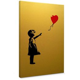 K&L WALL ART Leinwandbild Vintage Goldeffekt Wandbild Holz Keilrahmen Banksy Graffiti Girl red balloon Shabby Chic Gold 70x100cm - schwarz