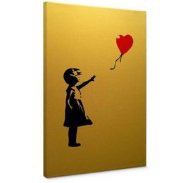 K&L WALL ART Leinwandbild Vintage Goldeffekt Wandbild Holz Keilrahmen Banksy Graffiti Girl red balloon Shabby Chic Gold 130x200cm - schwarz