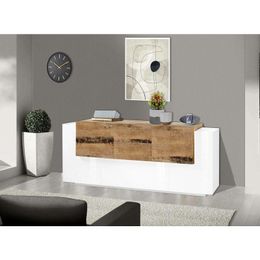 Modernes Sideboard mit 5 Türen und 2 Schubladen, Made in Italy, Küchen-Sideboard, Wohnzimmer-Design-Buffet, 220x45h86 cm, Glanzweiß und Ahornfarbe