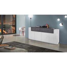 Modernes 5-türiges Sideboard, Made in Italy, Küchen-Sideboard, Wohnzimmer-Design-Buffet, cm 200x45h86, Farbe Weiß glänzend und Aschgrau - Dmora