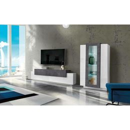 Modulare Wohnwand, Made in Italy, mit weißem LED-Licht, TV-Ständer und Vitrine, Modernes Wohnzimmer-Set, 290x45h121 cm, Farbe Glanzweiß und Aschgrau