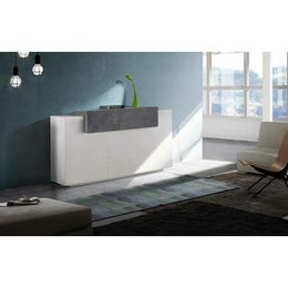 Modernes 4-türiges Sideboard mit Klappe, Made in Italy, Küchen-Sideboard, Wohnzimmer-Design-Buffet, 160x45h86 cm, Farbe Weiß glänzend und Aschgrau