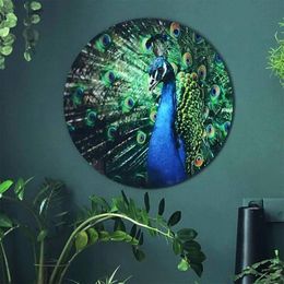 K&L WALL ART Bedrucktes Sicherheitsglas Wandbild Rund Glasbild Pfau Vogel eleganter Peacock ø 70cm - grün