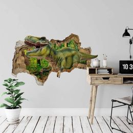 K&L WALL ART 3D Wandtattoo Wohnzimmer Kinderzimmer Dinosaurier T-Rex Dino Steinzeit Wald Mauerdurchbruch selbstklebend 120x73cm - grün