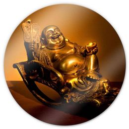 K&L WALL ART Bedrucktes Sicherheitsglas Wandbild Rund Glasbild Happy Buddha Figur Feng Shui Deko ø 70cm - gold