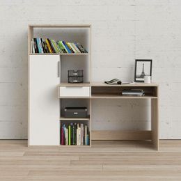 Dmora - Multifunktionsschreibtisch mit Bücherregal, Schublade und Tür, Farbe Weiß und Eiche, 162 x 155 x 60 cm