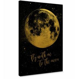 K&L WALL ART Leinwandbild Vintage Goldeffekt Wandbild Holz Keilrahmen Mond Zitat Fly with me to the moon Shabby Chic Gold 30x45cm - gold