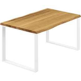 Esstisch Küchentisch Schreibtisch Couchtisch aus Massivholz, mit Baumkante 140x80x76 cm (AxBxH), Modern, Rustikal / Weiss, LAB-01-A-003-9016M - Lamo