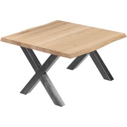Esstisch Küchentisch Schreibtisch Couchtisch aus Massivholz, mit Baumkante 60x60x47 cm (AxBxH), Design, Natur / Rohstahl mit Klarlack,