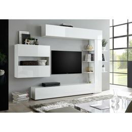 Wohnzimmerwand, Made in Italy, TV-Schrank, Modernes Wohnzimmer-Set, 295 x 30,197 cm, glänzend und matt weiß - Dmora