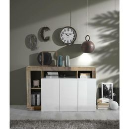Modernes 3-türiges Sideboard mit offenen Fächern, Made in Italy, Küchen-Sideboard, Wohnzimmer-Design-Buffet, 146 x 42 h 93 cm, glänzendes Weiß und