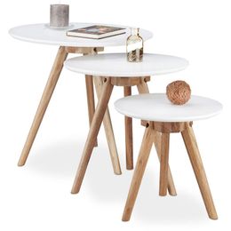 Beistelltisch 3er Set, Tischbeine aus Walnuss-Holz, weiße Tischplatte 50, 40 und 32 cm, im nordischen Design, weiß / natur - Relaxdays