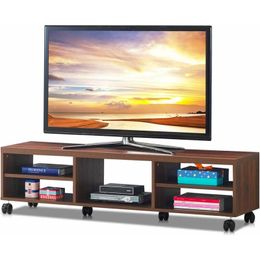 Fernsehschrank Holz, tv Lowboard mit 5 offenen Faechern, tv Schrank mit Raedern, 150 x 32 x 40cm Braun - Costway