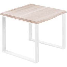 Esstisch Küchentisch Schreibtisch Couchtisch aus Massivholz, mit Baumkante 60x60x76 cm (AxBxH), Modern, Roh / Weiss, LBB-01-A-001-9016M - Lamo