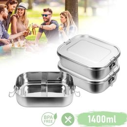 2x 1400ml Brotdose Metall Brotdose Thermobehälter Lunchbox bpa frei Edelstahl - Silber - HENGDA