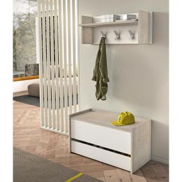 Truhenbank Lantana, Moderne Eingangsmöbel mit Schuhregal, Koffertruhe mit zwei Behältern, 100% Made in Italy, Cm 90x40h46, Weiß und Eiche - Dmora