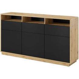 Lomadox Sideboard Anrichte modern 180 cm breit ALBANY-83 in Taurus Eiche Nb. mit Absetzungen in schwarz matt, b/h/t: ca. 180/96/40 cm - schwarz