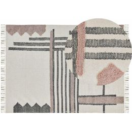 Beliani - Teppich Beige und Schwarz Baumwolle rechteckig 140 x 200 cm abstraktes Muster Fransen handgewebt Skandinavisch Kurzhaar Wohn- und