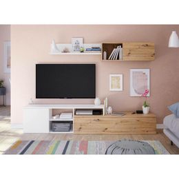 Einbaufertige Wand Miami, TV-Ständer für Wohnzimmer, Wohnzimmerkomposition mit Wohnwand und Regal, cm 220x40h44, Asteffekt Eiche und Weiß - Dmora