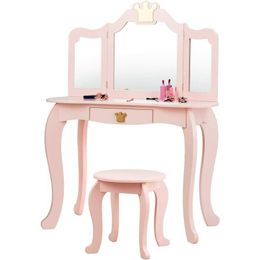 Costway Kinder Schminktisch mit Hocker und Abnehmbarer Spiegel, Maedchen Frisiertisch Holz, Kindertisch mit Schublade, Spiegeltisch 80x42x105cm Rosa