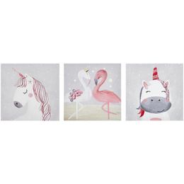 Beliani Wanddekoration Bunt 3er Set 30 x 30 cm Flamingo- und Einhornmotiv Polyester Leinwandbilder Quadratisch Schlafzimmer Kinderzimmer Dekoration - Rosa