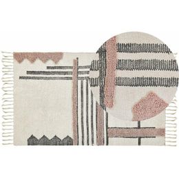 Beliani - Teppich Beige und Schwarz Baumwolle rechteckig 80 x 150 cm abstraktes Muster Fransen handgewebt Skandinavisch Kurzhaar Bettvorleger Läufer