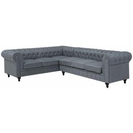 Beliani Ecksofa Hellgrau Polsterbezug L-Förmig Rechtsseitig Chesterfield Stil Glamourös Wohnzimmer - Dunkler Holzfarbton