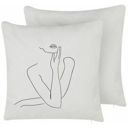 Beliani Dekokissen 2er Set Weiß Baumwolle quadratisch 45 x 45 cm mit Füllung feminines Motiv Silhouette abnehmbare Bezüge mit Reißverschluss modern - Schwarz