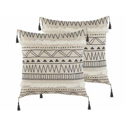 Beliani Dekokissen 2er Set Beige / Schwarz 45 x 45 cm Polyester mit Fransen Reißverschluss Zierkissen für Küche Esszimmer Wohnzimmer Salon Flur Modern - Weiß