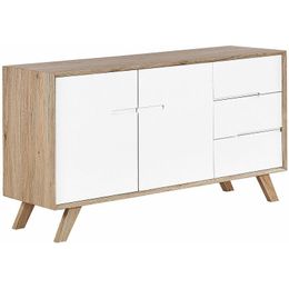 Beliani Sideboard Weiß Heller Holzfarbton mdf Platte Pinienholz 75 x 140 x 40 cm Modern 3 Schubladen Mit 2 Türen Wohnzimmer - Weiß