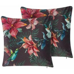 Beliani Dekokissen 2er Set Samtstoff quadratisch 45 x 45 cm mit Füllung tropisches florales Motiv mehrfarbig abnehmbare Bezüge mit Reißverschluss - Blau