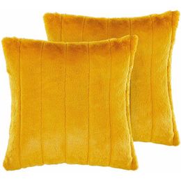 Beliani - Dekokissen Gelb 2er Set Polsterbezug gestreift 45 x 45 cm Felloptik flauschiges Zierkissen Wohnzimmer Salon Schlafzimmer - Gelb