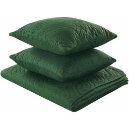 Beliani Tagesdecken Set Grün aus Polyester 3-teilig mit 2 Dekokissen mit geprägtem Zopfmuster 160 x 220 cm Bettüberwurf für Doppelbett Schlafzimmer - Grün