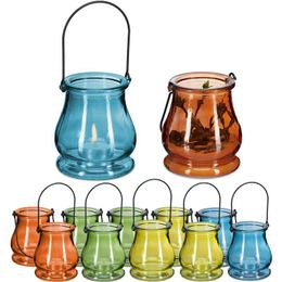 Windlicht, 12er Set, aus Glas, Henkel zum Aufhängen, innen & außen, Teelichthalter, HxD 10x8,5 cm, mehrfarbig - Relaxdays