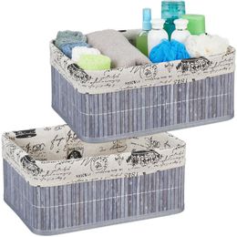 Relaxdays - 2 x Aufbewahrungskorb Bambus, hbt: 16,5 x 38 x 28,5 cm, Regalkorb mit Griff, je 15 Liter, faltbar, zum Verstauen, grau