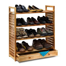 Relaxdays Schuhregal Walnuss h x b x t: 81 x 70 x 27 cm Schuhablage mit Schublade 4 Böden für je 3 Paar Schuhe Holz Schuhschrank mit Griffen zum Tragen und