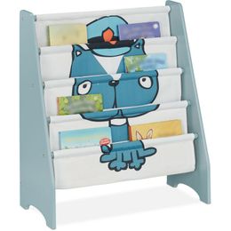 Bücherregal Kinder, hbt: 71 x 61,5 x 30 cm, Kinderbücherregal mit Hundemotiv, 4 Fächer, mdf & Stoff, blau/weiß - Relaxdays