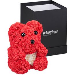 Rosen Teddybär mit Herz, inkl. Geschenkbox, Geschenk Frauen, 300 weiche Schaumrosen, Blumenbär, rot/weiß - Relaxdays